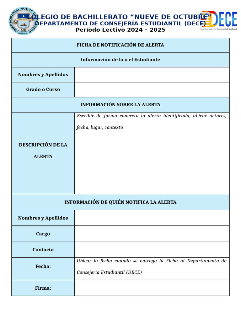 Ficha de Notificación de Alerta Al Dece - Modelo de Gestión Dece 2024 | PDF
