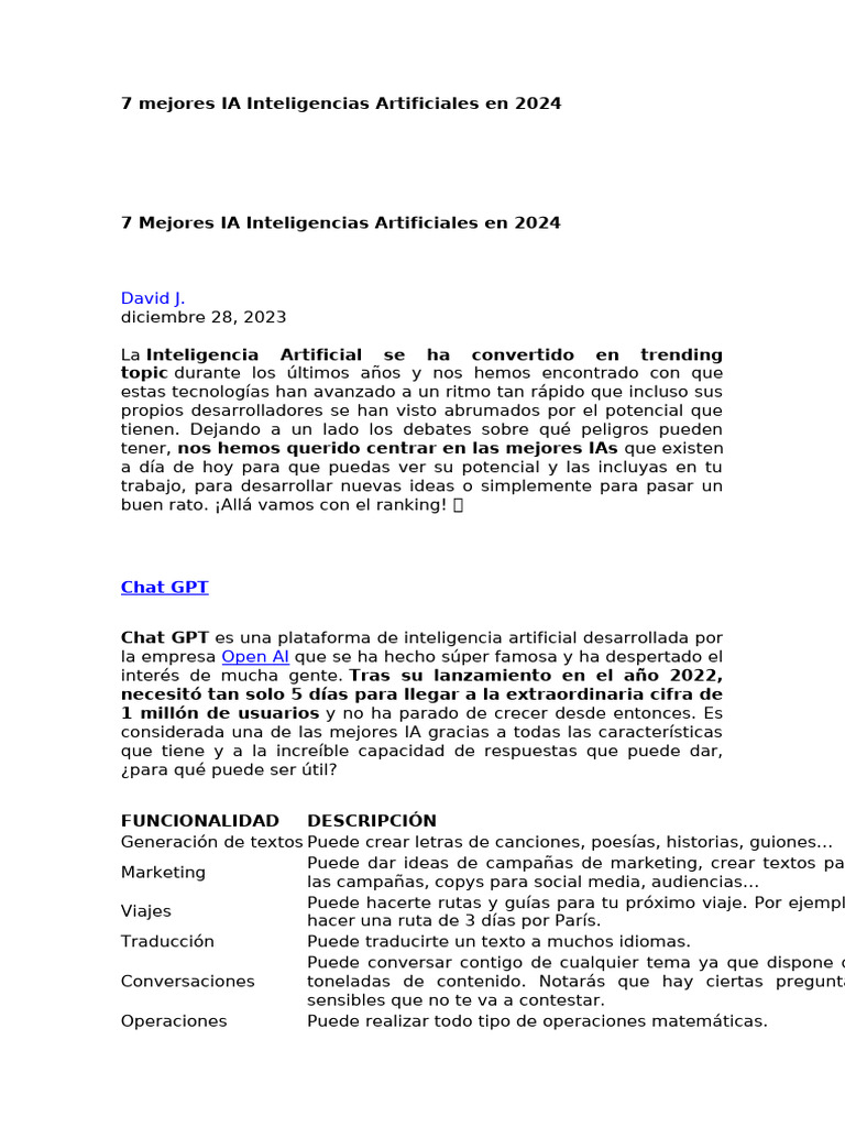 7 Mejores IA Inteligencias Artificiales en 2024 | PDF