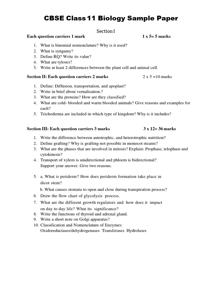 CBSE Class 11 Biology Sample Paper Set 2 | PDF
