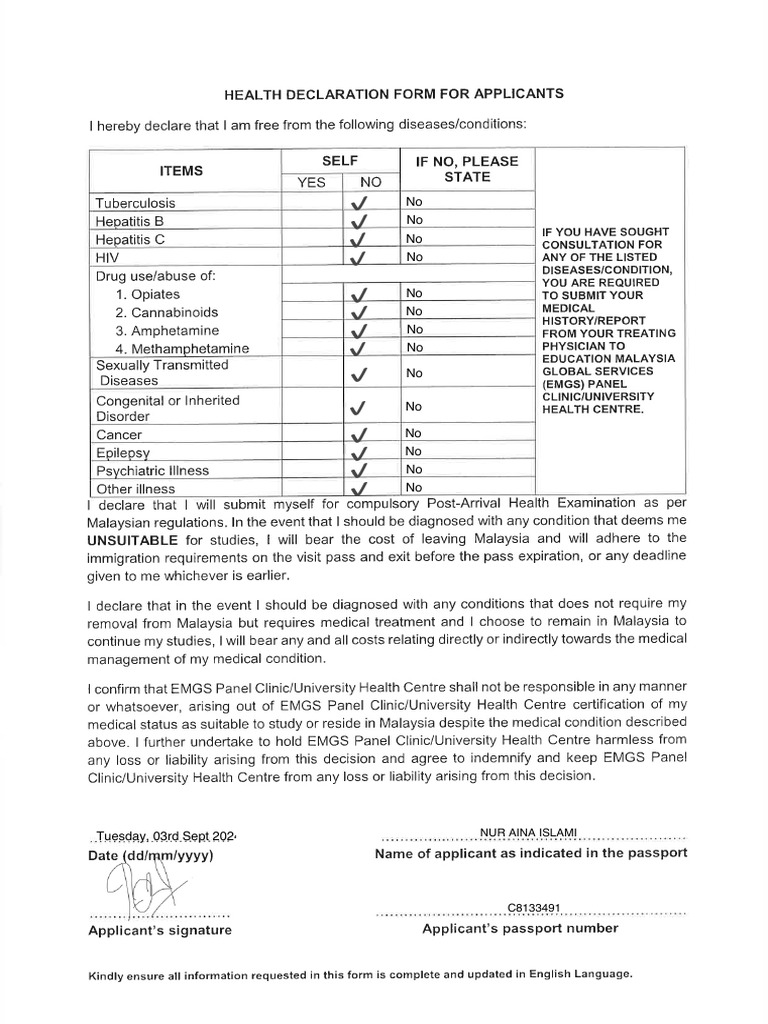 Health Declaration Form | PDF