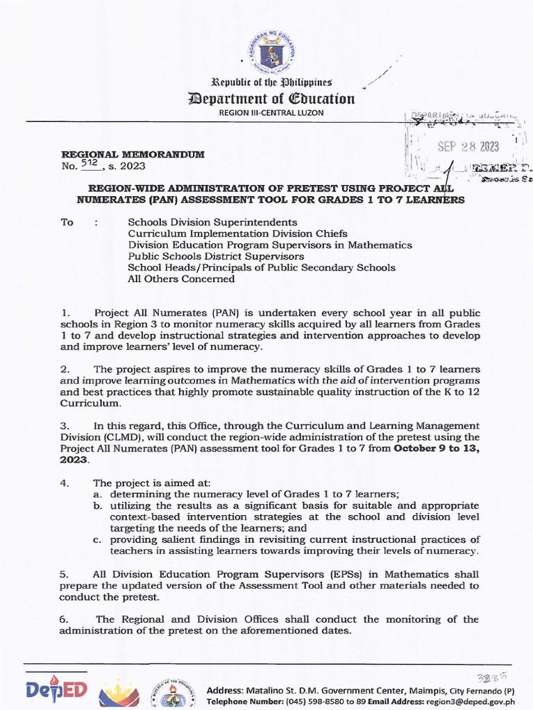 RM No. 512 S.2023 Region Wide Administration of Pretest Using Project ...