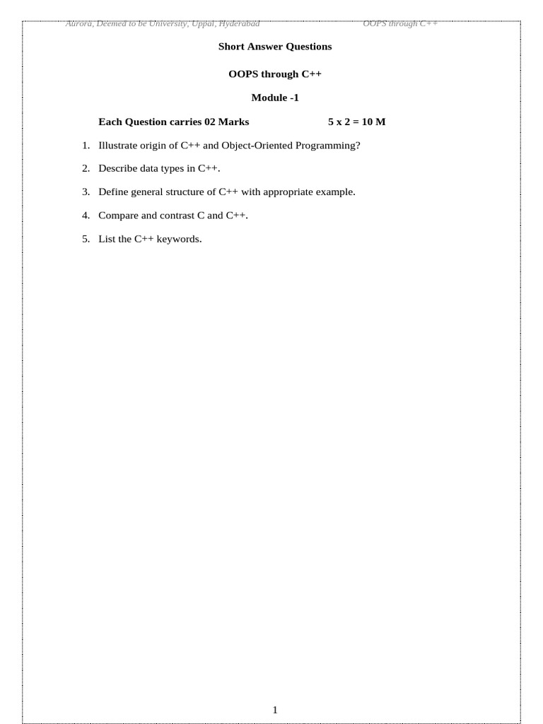Short Answer Questions for Module -1 of OOPs-C++ | PDF Short Answer Questions for Module -1 of OOPs-C++ | PDF