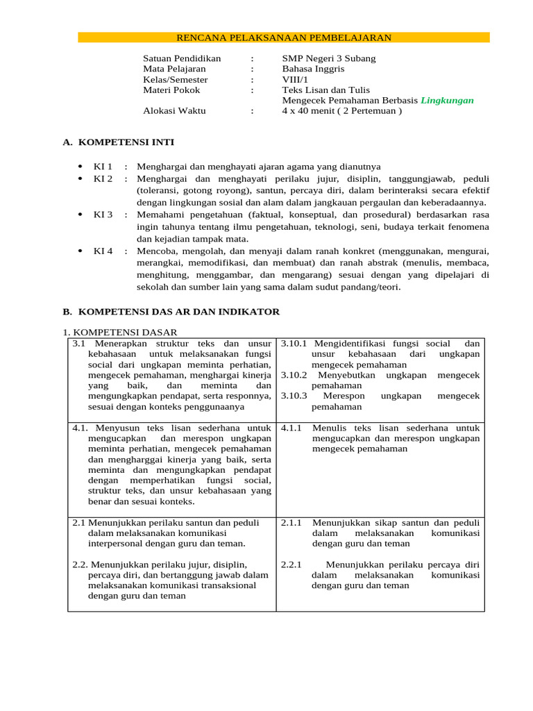 RPP KELAS 8 chapter 1 b | PDF