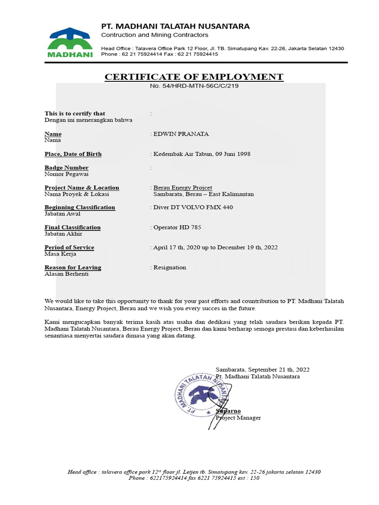 Certificate PT. Madhani Talatah Nusantara | PDF