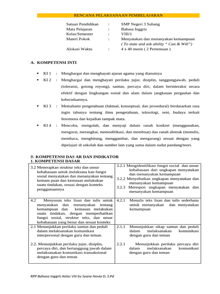 RPP KELAS 8 Chapter 2 A | PDF