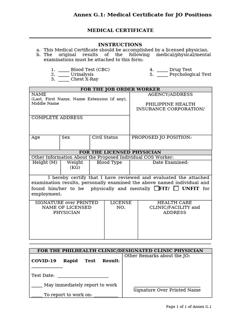 Annex G.1 Medical Certificate | PDF