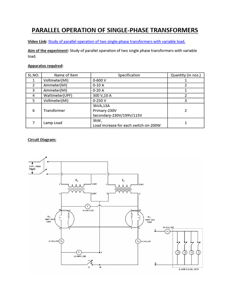 Expt. 1 - Parallel Operation of Single Phase Transformer | PDF