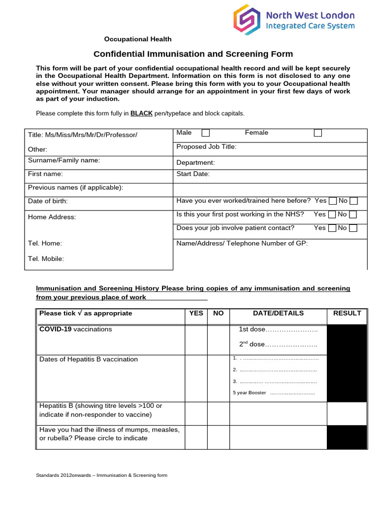Non EPP OH Immunisation and Screening Form - NWL International | PDF