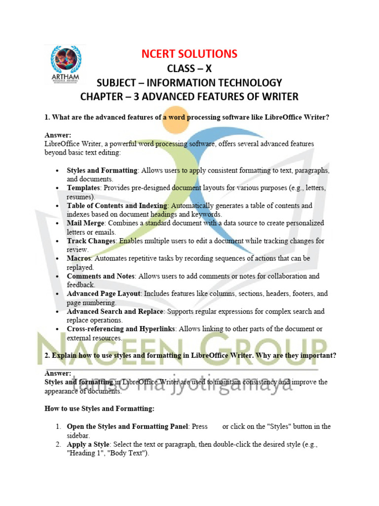 X IT Textbook Solu - Advanced Features of Writer | PDF