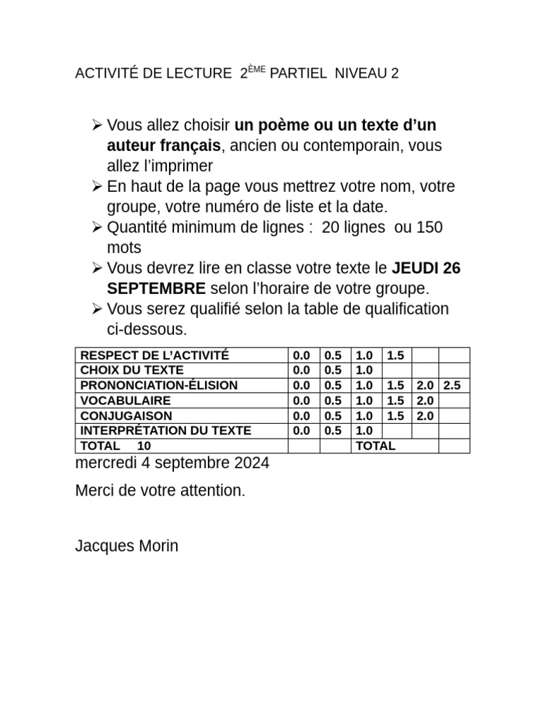 Activité de Lecture 2° 2ème Partiel Niveau | PDF