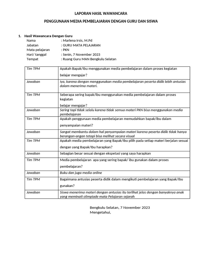 C 3 2 Laporan Hasil Wawancara Dengan Guru Dan Siswa 2023 | PDF