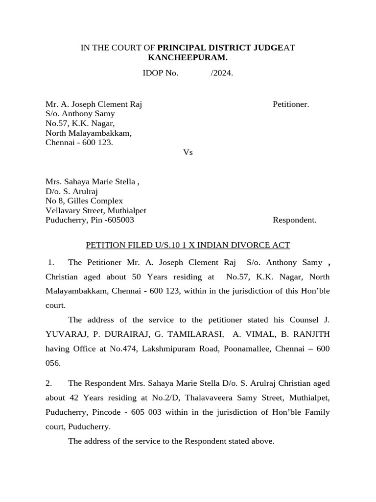 Josheph Clement Raj Divorce Petition | PDF | Marriage | Law