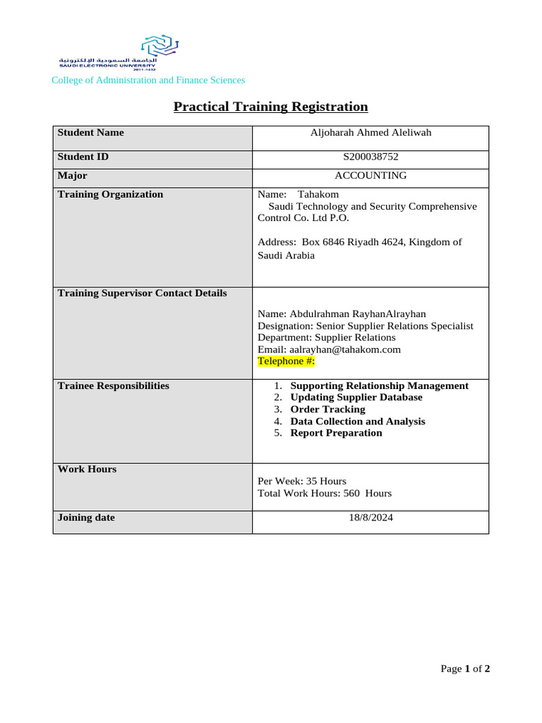 (NEW) Form No 1-Practical Training Registration (6) - 1 | PDF