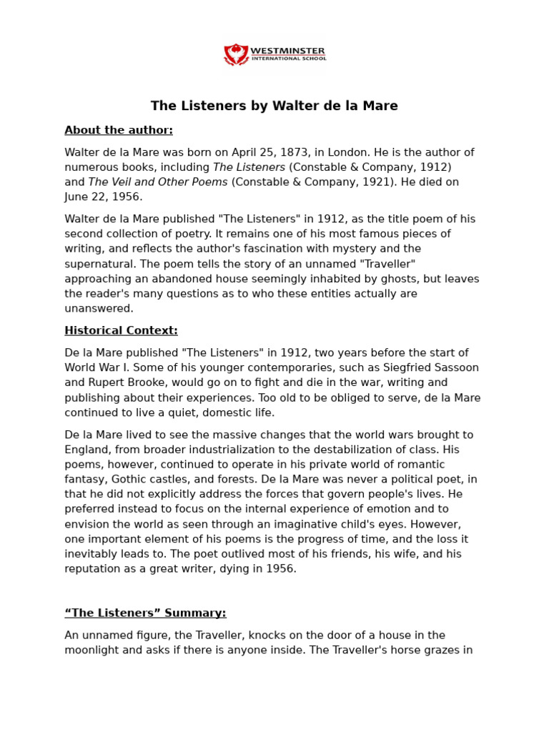 The Listeners by Walter de La Mare | PDF | Metre (Poetry) | Poetry