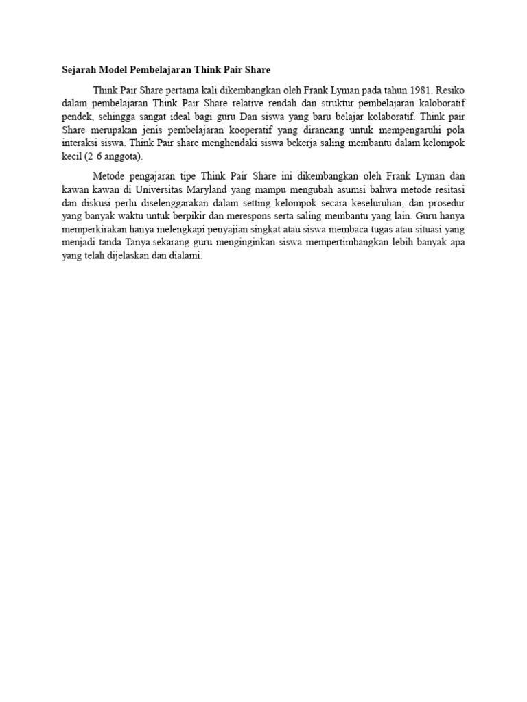 Sejarah Model Pembelajaran Think Pair Share | PDF