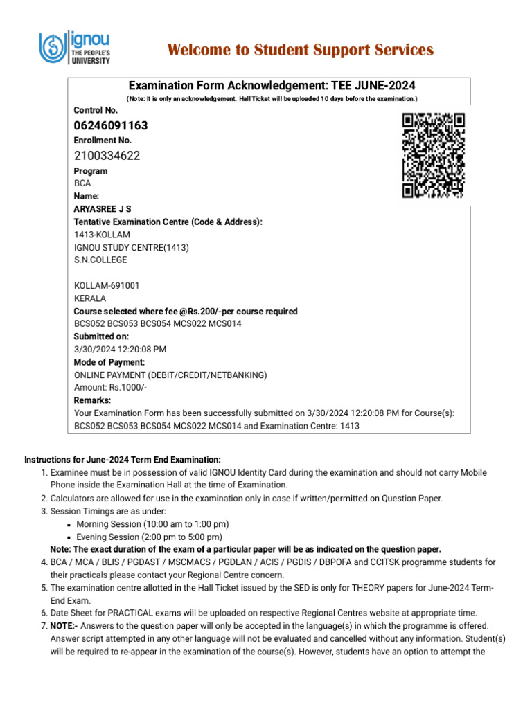 IGNOU - Examination Form Acknowledgement | PDF