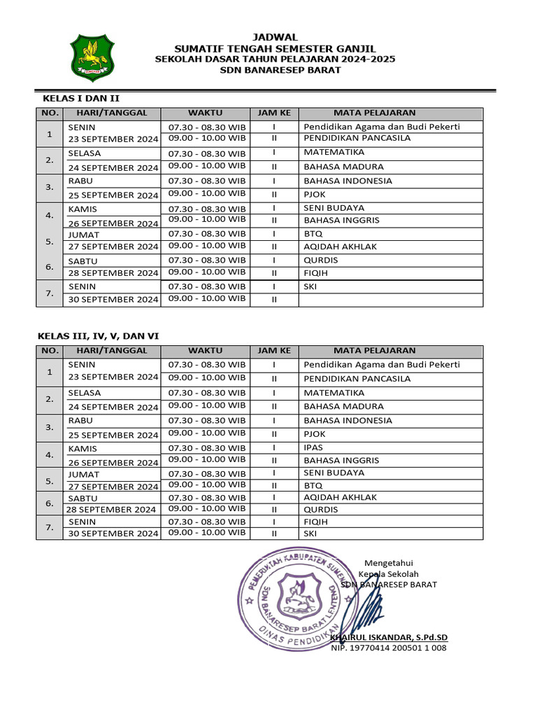 Jadwal Pts-Sts Ganjil Ta 2024-2025 | PDF