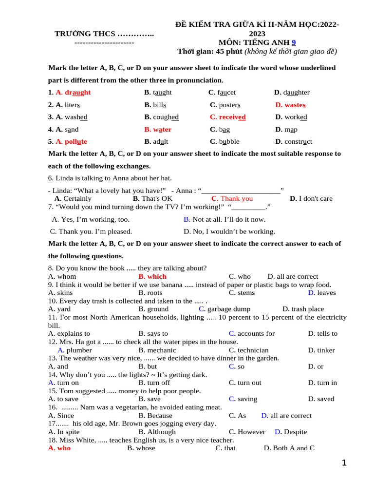 De Thi GHK 2 Tieng Anh 9 de 9 | PDF