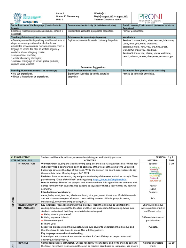 Lesson Plan 1° Elementary | PDF