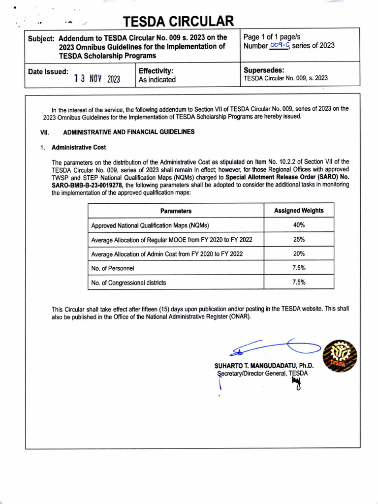 TESDA Circular No. 009-C-2023 | PDF