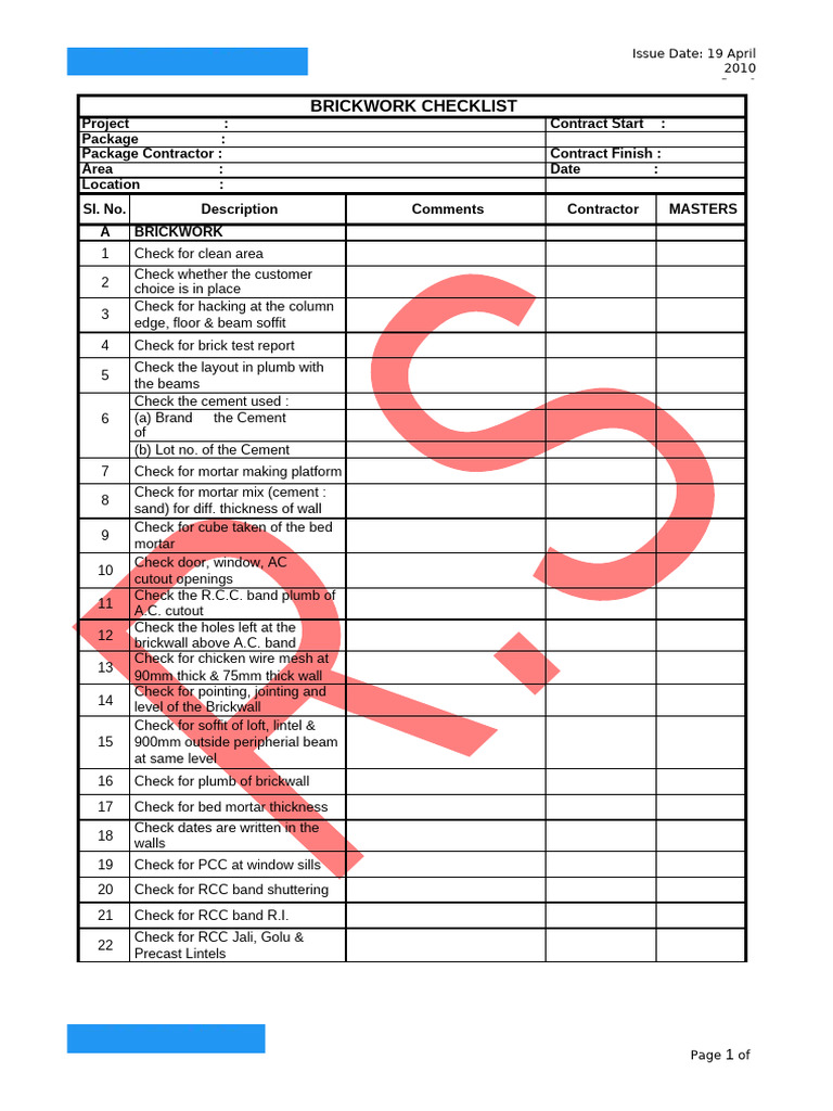 Brick Work Checklist | PDF | Brick | Architectural Elements
