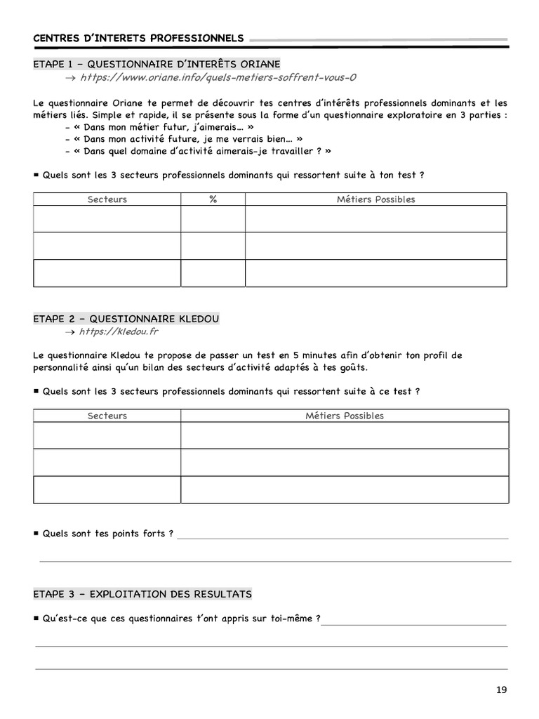 Fiche - Définir Mes Centres d' Interets Professionnels | PDF