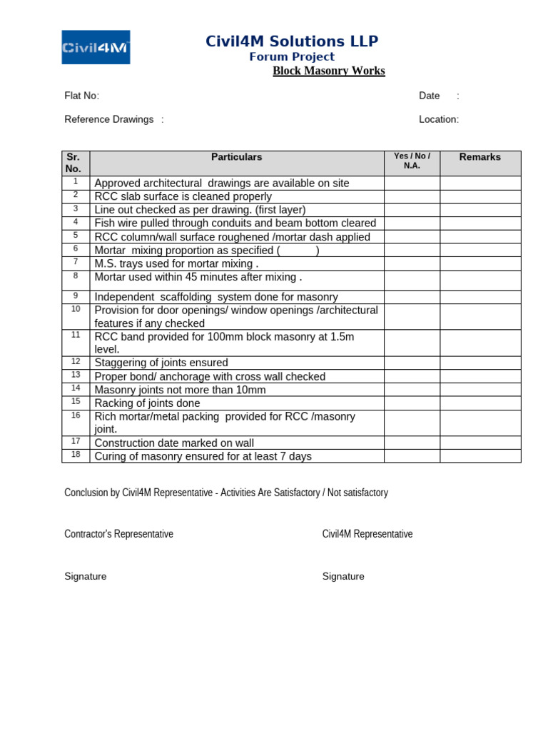 Block Masonry Works Checklist | PDF | Technology & Engineering