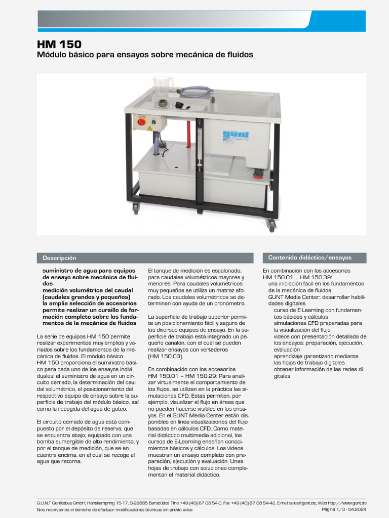 HM 150 Modulo Basico para Ensayos Sobre Mecanica de Fluidos Gunt 547 ...