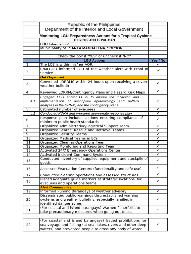 TD Gener Monitoring-Lgu-Preparedness-Actions-For-A-Typhoon | PDF