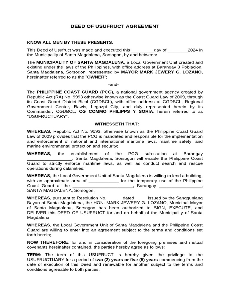 Deed-Of-Usufruct-Agreement - Cgmt-Juban | PDF
