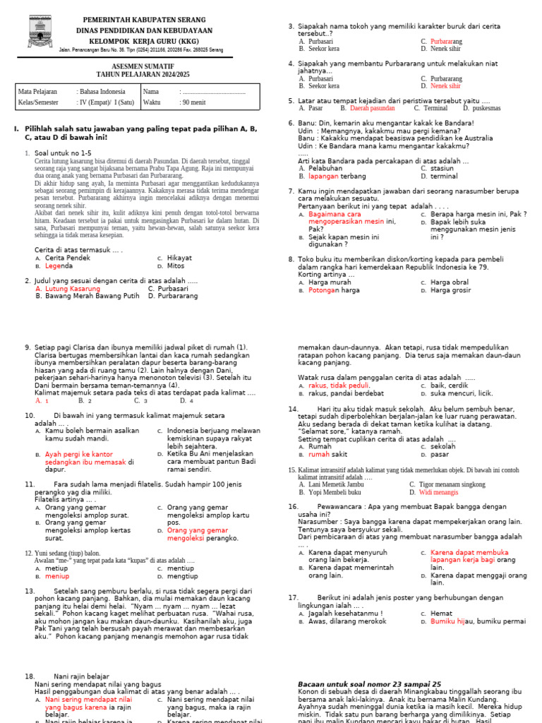 Soal Sas 1 B Indo KLS 4 | PDF