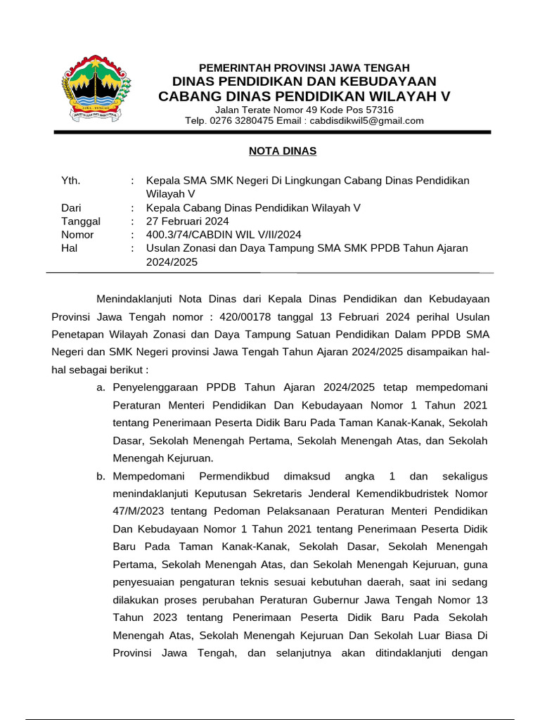 Nodin Usulan Zonasi Dapung PPDB Sma SMK Ta 2024 2025 | PDF