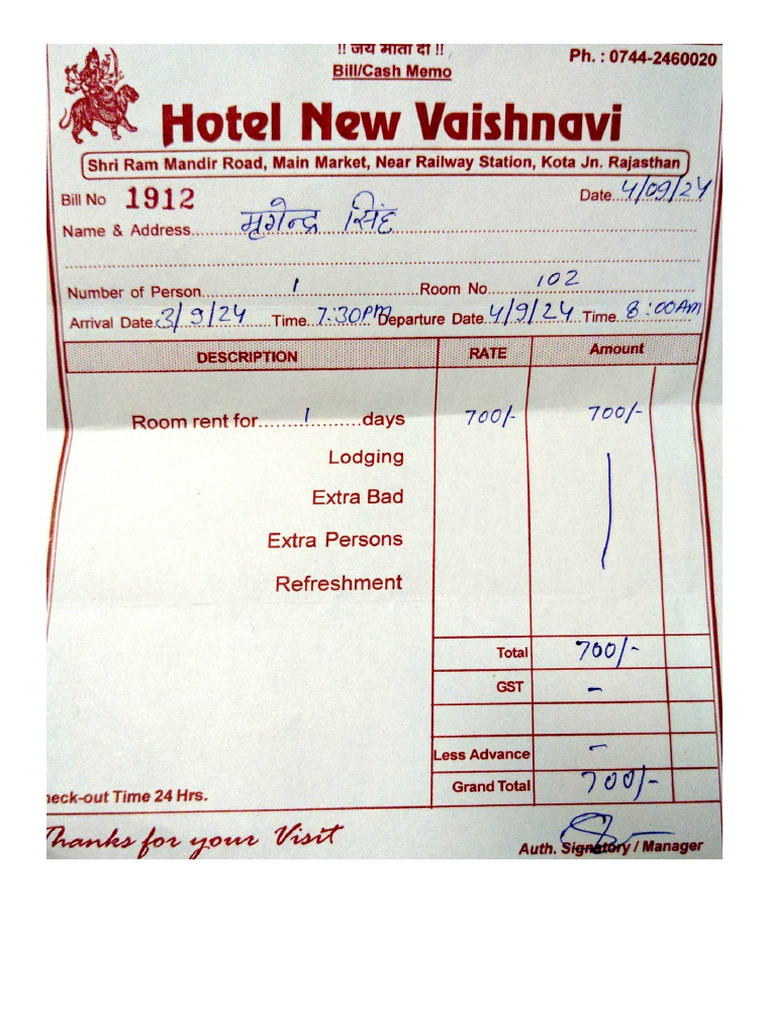 Hotel Invoice Kota | PDF