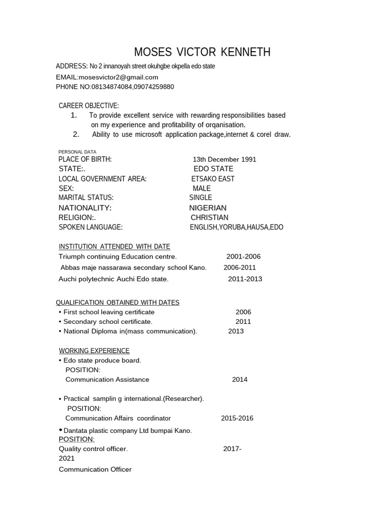 Moses Victor Kenneth Resume: Communication & Quality Assurance Specialist | PDF | Social Science