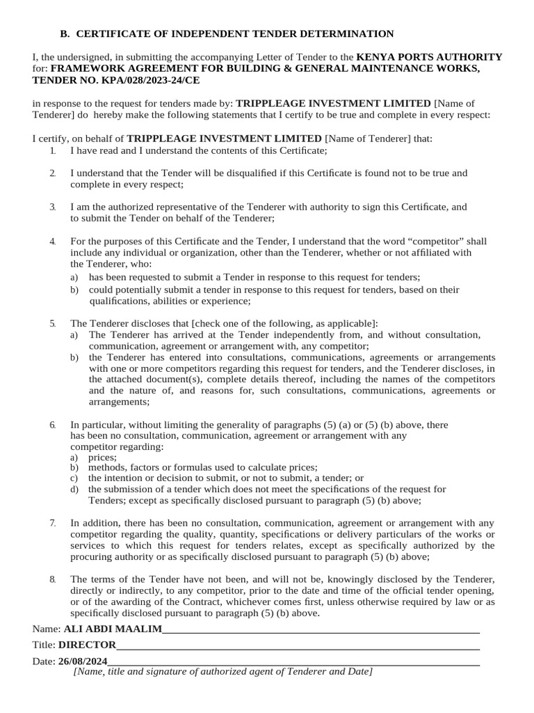 Certificate of Independent Tender Determination-Trippleage Kpa | PDF ...