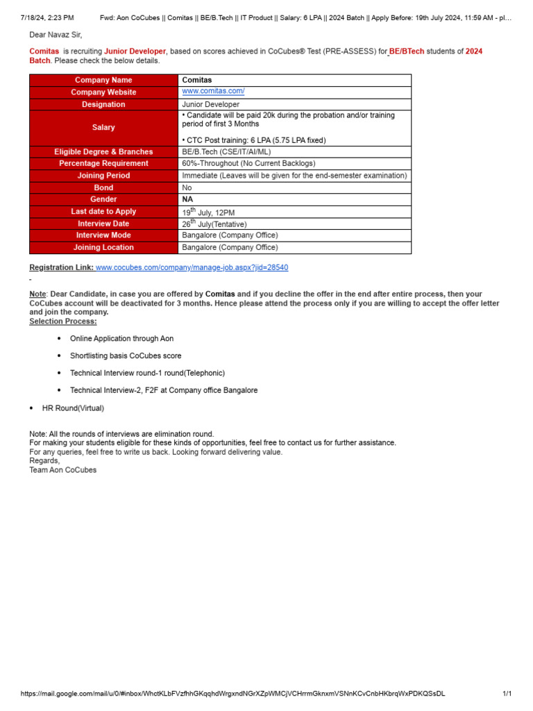 Comitas - BE - B.tech - IT Product - Salary - 6 LPA - 2024 Batch | PDF