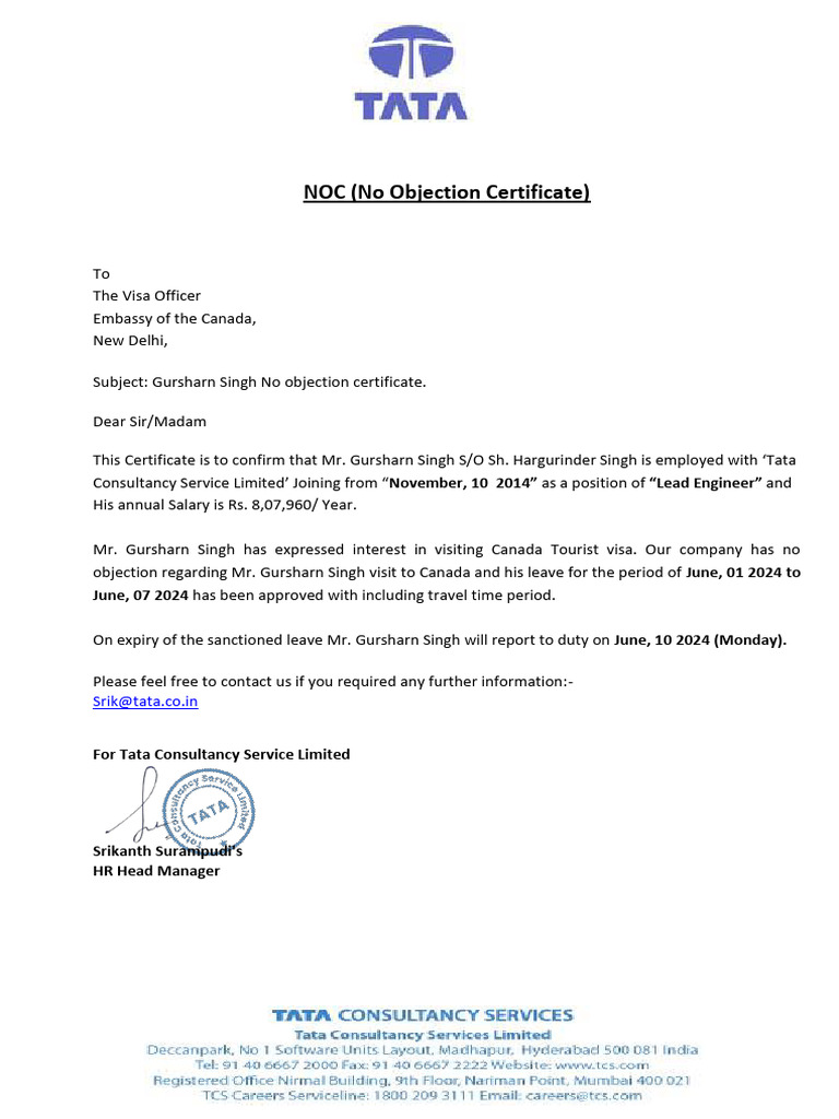 NOC (No Objection Certificate) : November, 10 2014" "Lead Engineer" | PDF