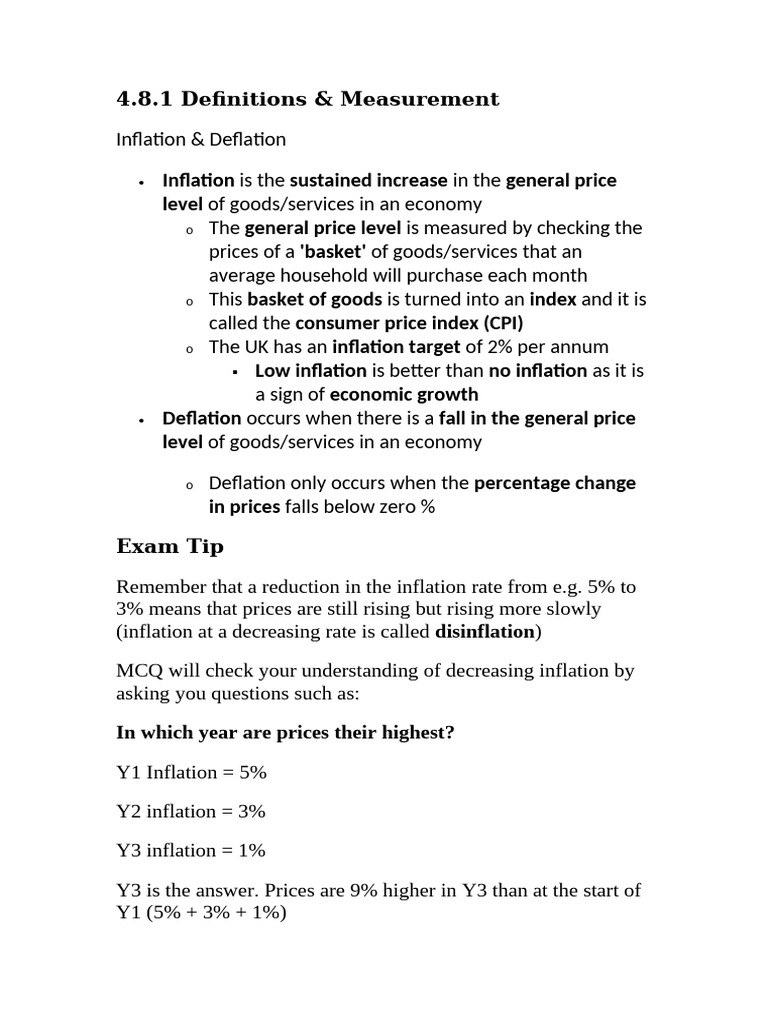 CAMBRIDGE IGCSE INFLATION AND DEFLATION - Meaning and Measurement | PDF