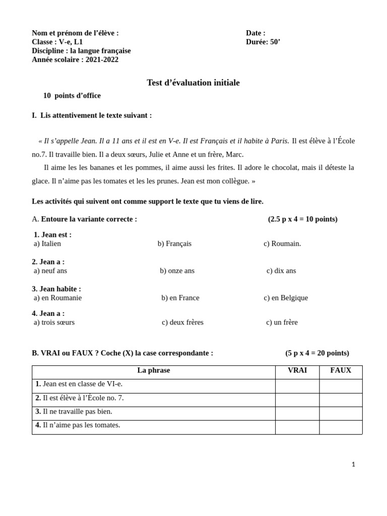 Test Initial V Franceza l1 20212022 | PDF