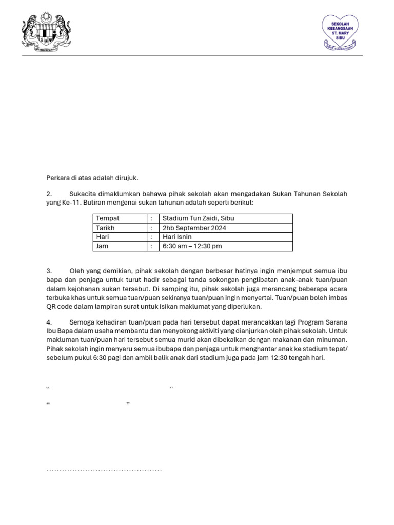 Surat Jemputan Ibu Bapa Sukan Tahunan Sekolah 2024 | PDF