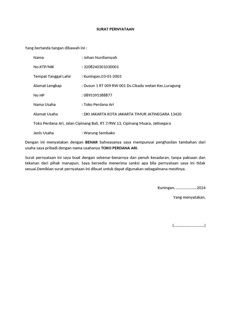 Surat Pernyataan Rek Tabungan | PDF