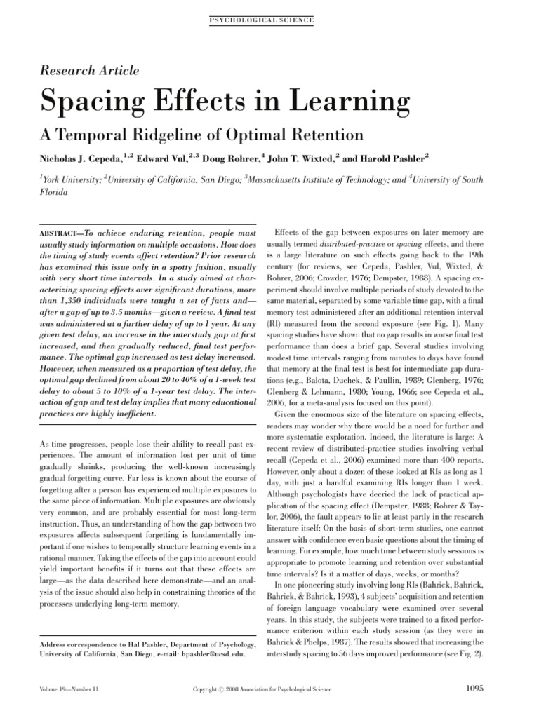 Spacing Effects in Learning - A Temporal Ridgeline of Optimal Retention | PDF