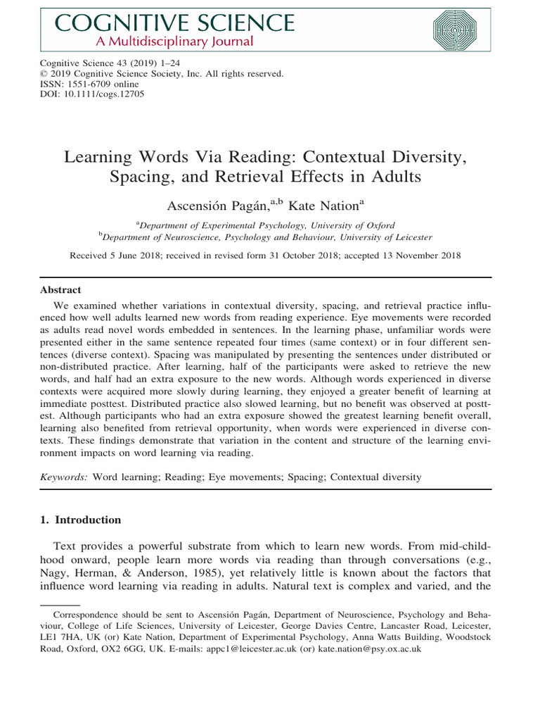 Learning Words Via Reading - Contextual Diversity, Spacing, and ...