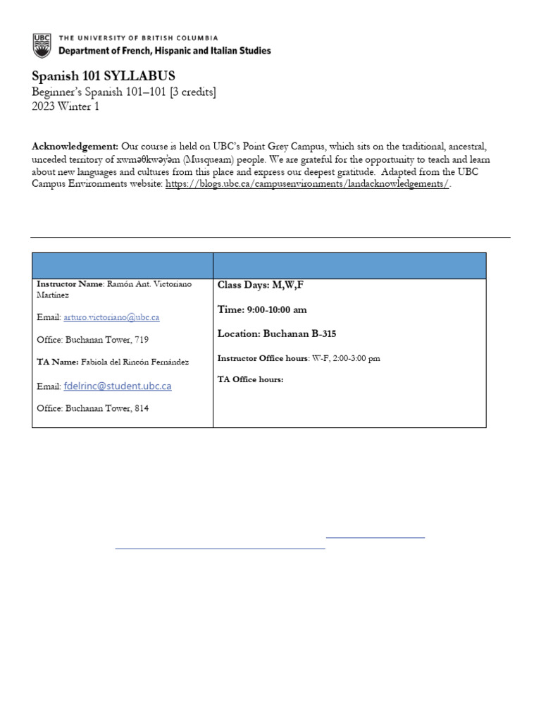 SPAN 101 Winter Term 1 2023 Syllabus | PDF