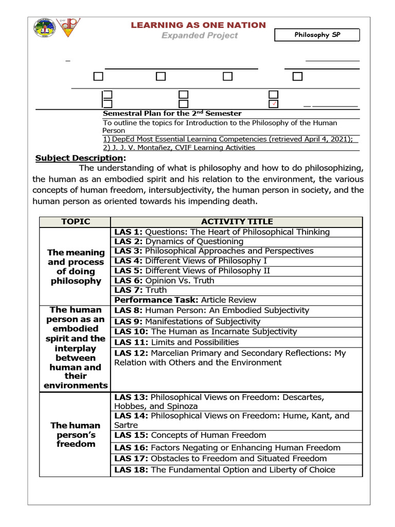 Intro to Philo LAS 0 Semestral Plan | PDF