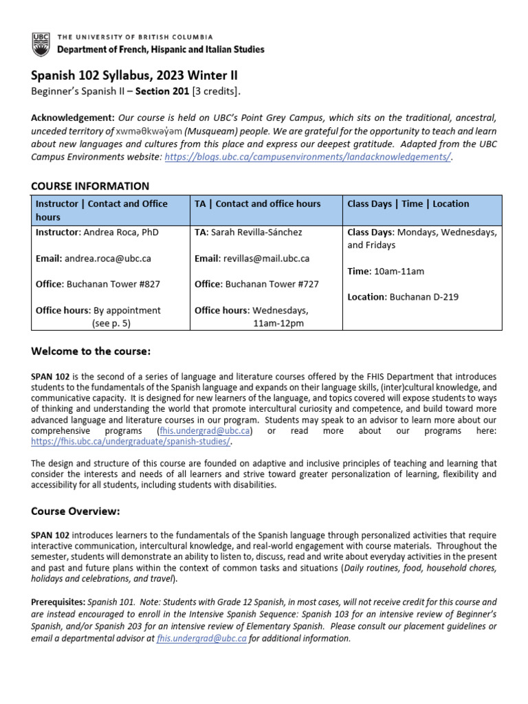 SPAN 102-201 COURSE SYLLABUS - Winter 2023 T2 2023 | PDF