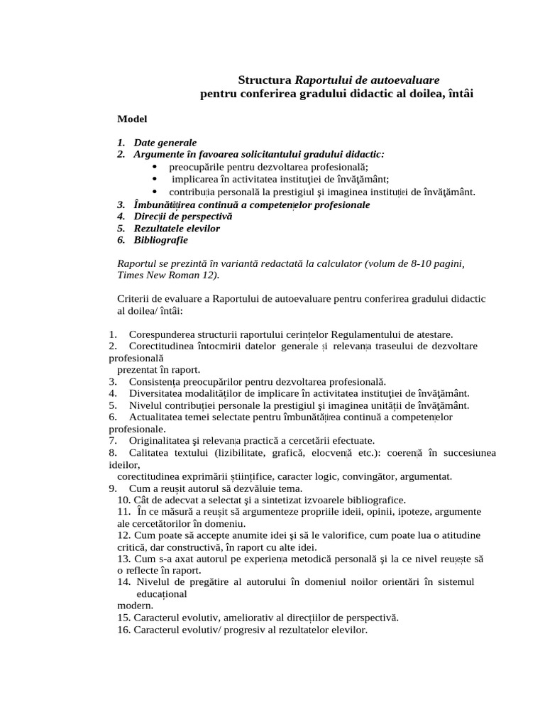 Structura Raportului de autoevaluare | PDF