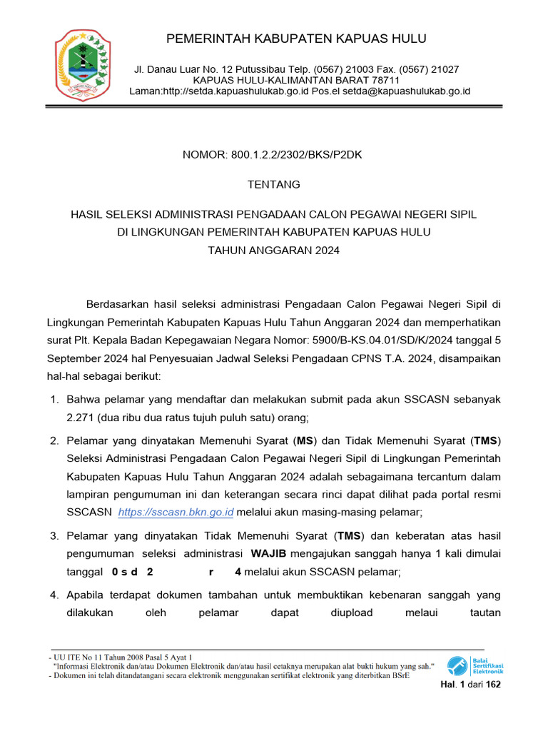 Pengumuman Seleksi Administrasi CPNS 2024 | PDF