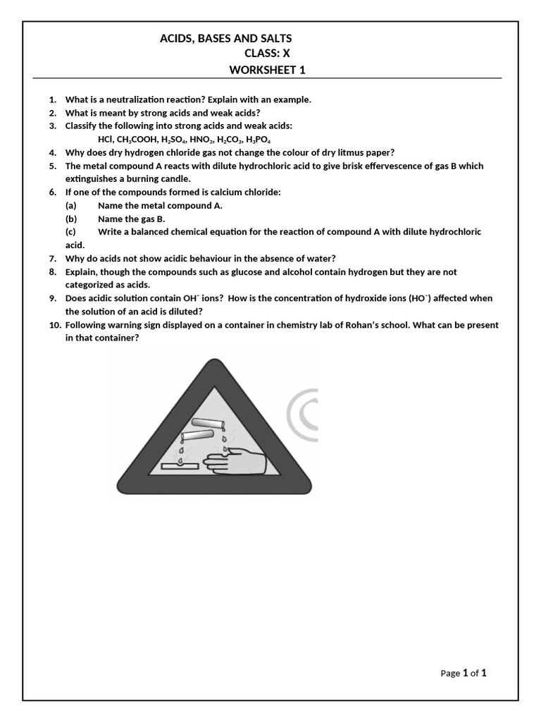 Acids Bases Salts Class 10 Worksheet | PDF