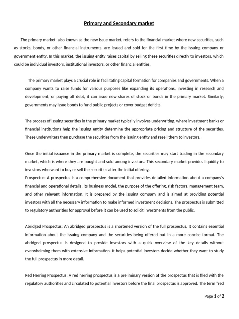 Primary Market Worksheet | PDF